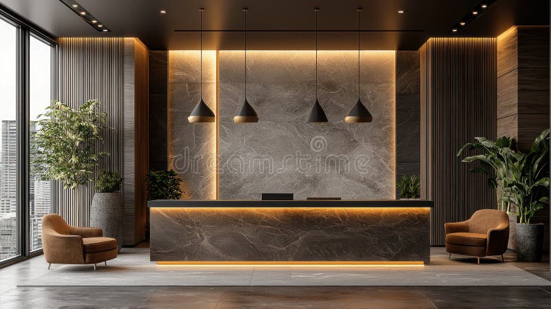 Modern Hotel Reception Interior with Dark Marble Desk, Chairs, and City ...