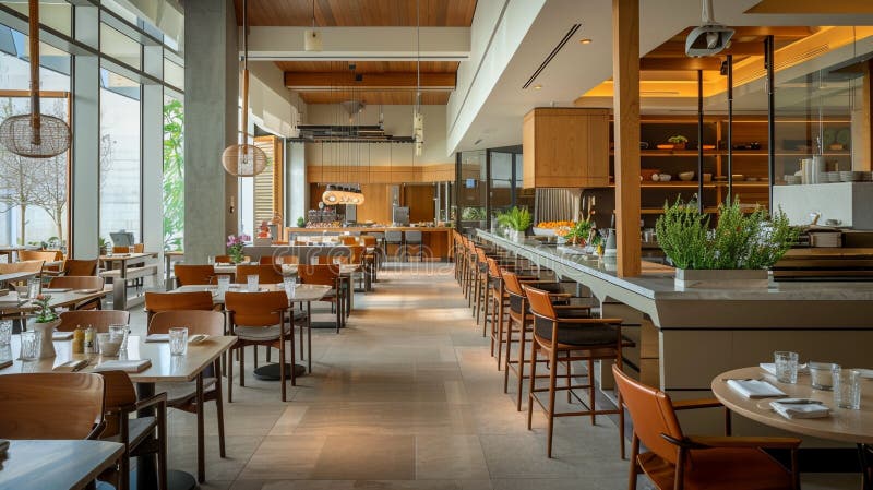 Modern Hotel Restaurant Featuring Open Kitchen and Farm-to-table Menu ...