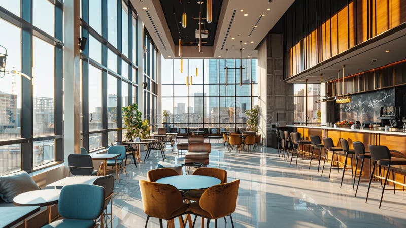 Modern Hotel Restaurant Showcasing Urban Views through Floor-to-ceiling ...