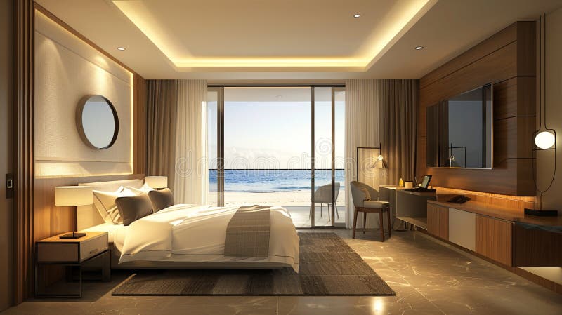 Modern Hotel Room Features Smart Technology and City View Stock ...