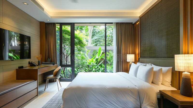 Modern Hotel Room Features Smart Technology and City View Stock ...