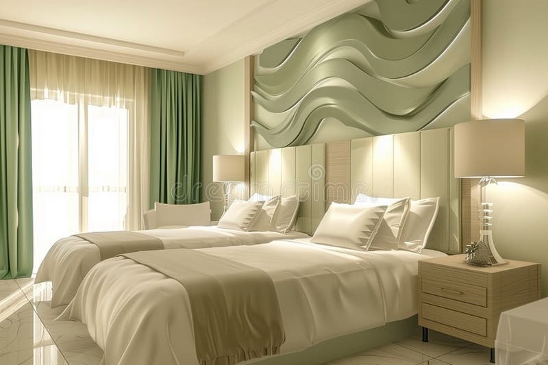 Modern Hotel Room with Green Curtains and Wavy Headboard Stock Image ...