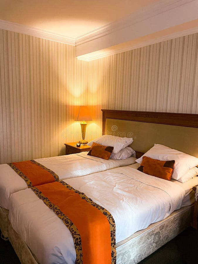 Modern Hotel Room Interior View with Two Single Bed Stock Photo - Image ...