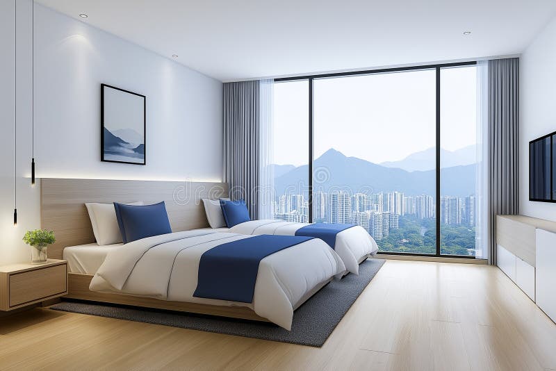 Modern Hotel Room with Large Window Overlooking Cityscape and Mountain ...