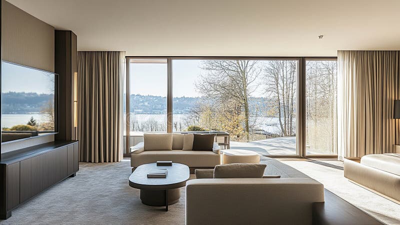 A Modern Hotel Suite Featuring a Neutral Color Palette and Large ...