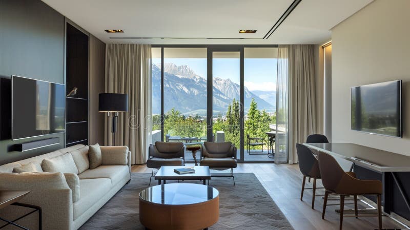Modern Hotel Suite Showcases Sleek Design with City View Stock ...