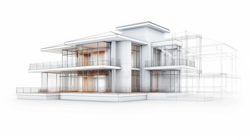Modern House Architectural Design with Blueprint Overlay, Isolated on ...
