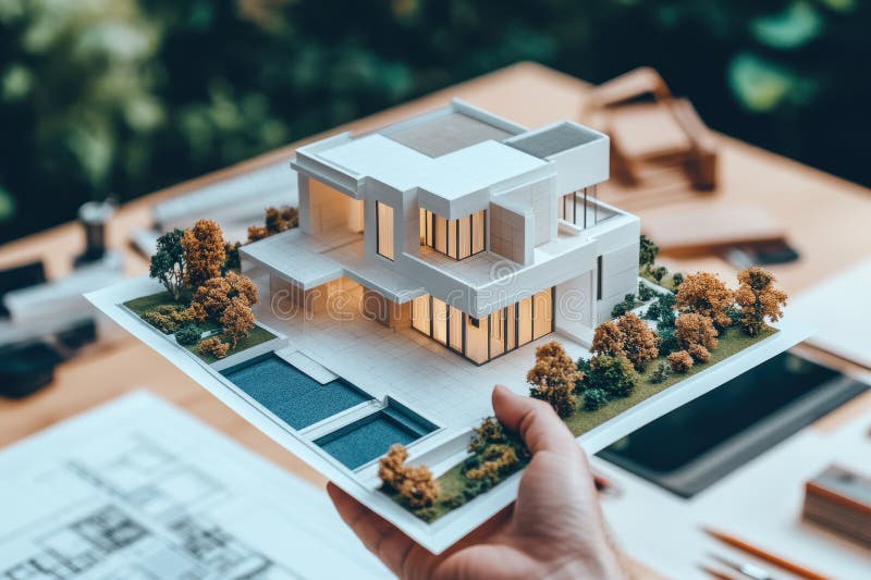 Modern House Architectural Model Displayed on Board Stock Image - Image ...