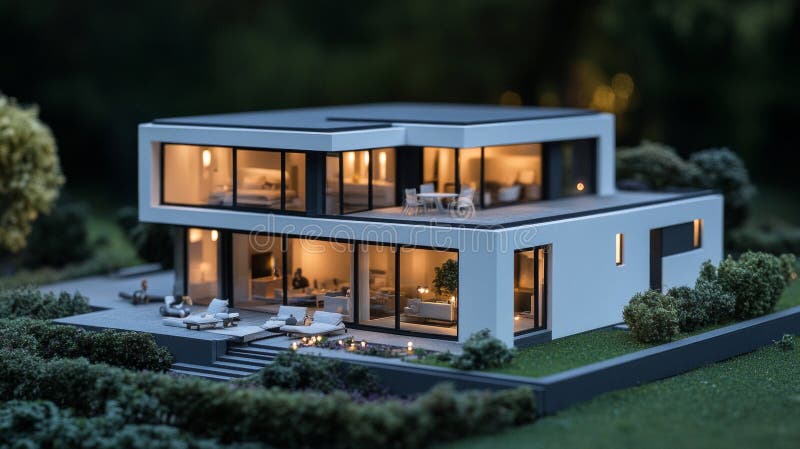 Modern House Architectural Model at Night Stock Illustration ...