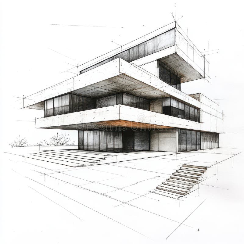 Modern House Architectural Sketch Design Drawing Stock Illustration ...