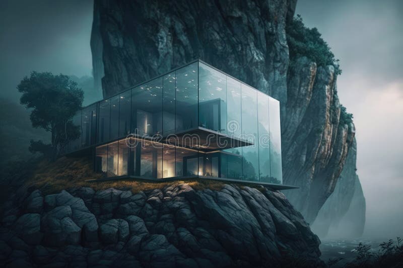 Modern House Architecture Building on Mountain Cliff Stock Illustration ...