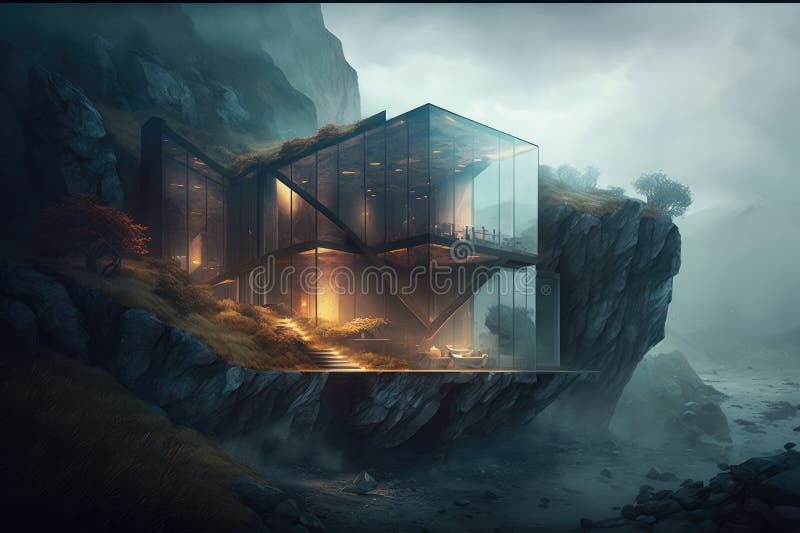Modern House Architecture Building on Mountain Cliff Stock Illustration ...