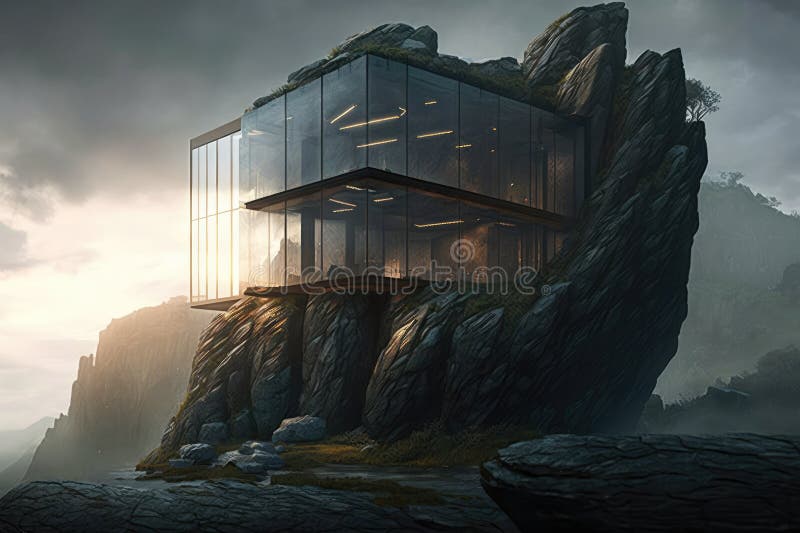 Modern House Architecture Building on Mountain Cliff Stock Illustration ...