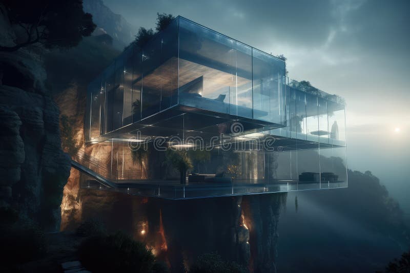 Modern House Architecture Building on Mountain Cliff Stock Illustration ...