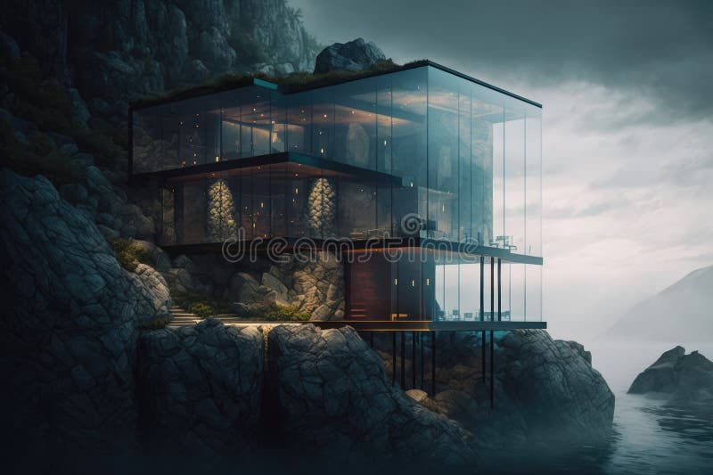 Modern House Architecture Building on Mountain Cliff Stock Illustration ...