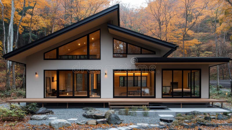 Modern House in Autumn Forest Setting Stock Image - Image of ...