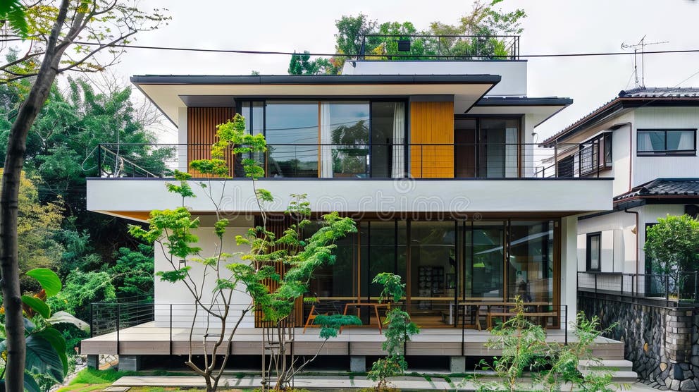 A Modern House with a Balcony and Trees Stock Image - Image of real ...