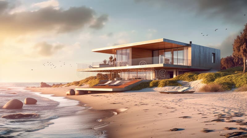 A Modern House on Beach. Generative AI Stock Illustration ...
