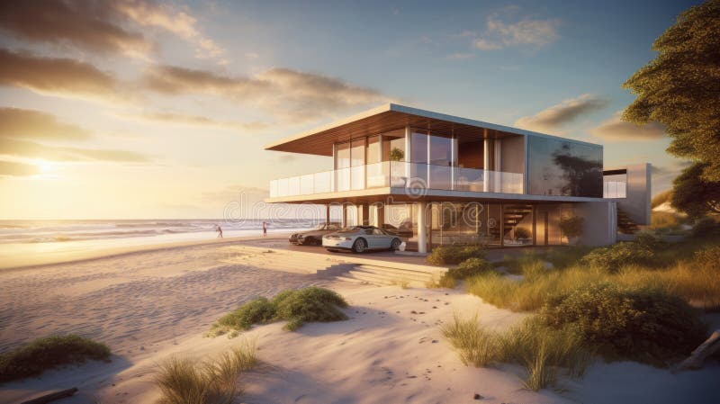 A Modern House on Beach. Generative AI Stock Illustration ...