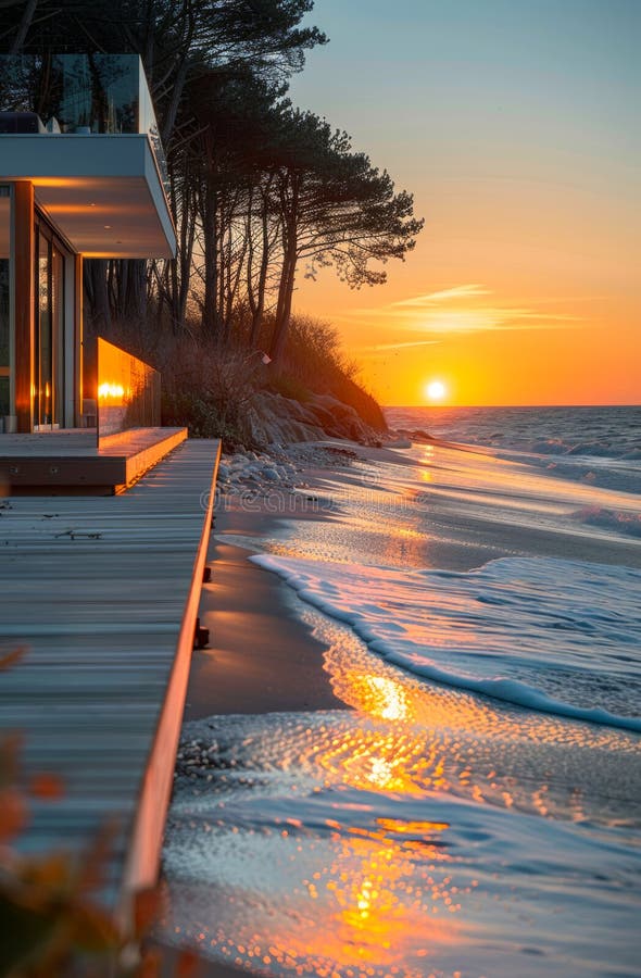 Modern House on the Beach at Sunset Stock Image - Image of sunlight ...