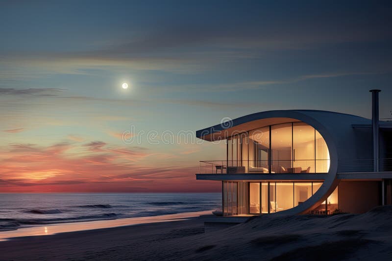 Modern House on Beach at Sunset with Dramatic Sky Stock Illustration ...