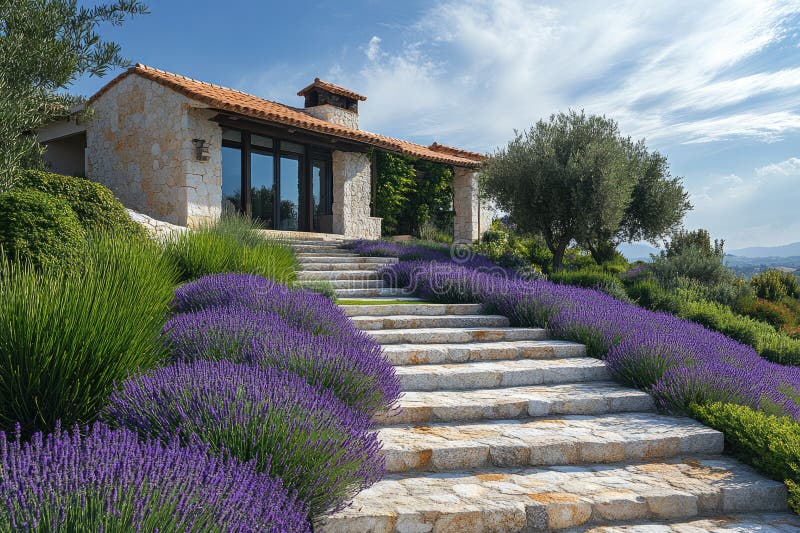 Modern House with Beautiful Garden Full of Blooming Lavender Stock ...