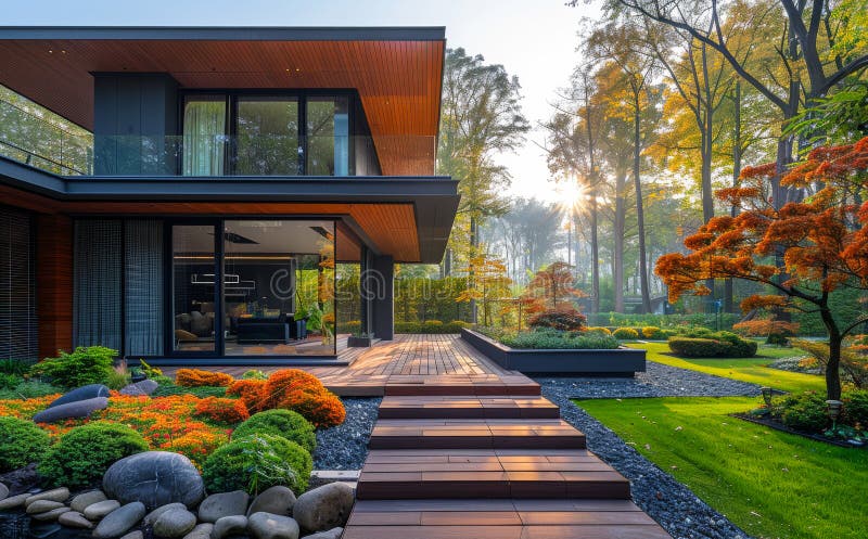 Modern House with Beautiful Landscaping on Sunny Day Stock Image ...