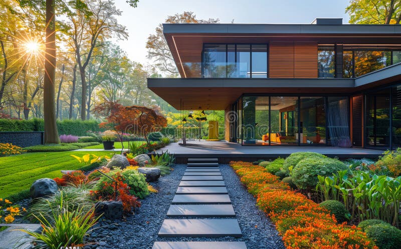 Modern House with Beautiful Landscaping on Sunny Day Stock Photo ...