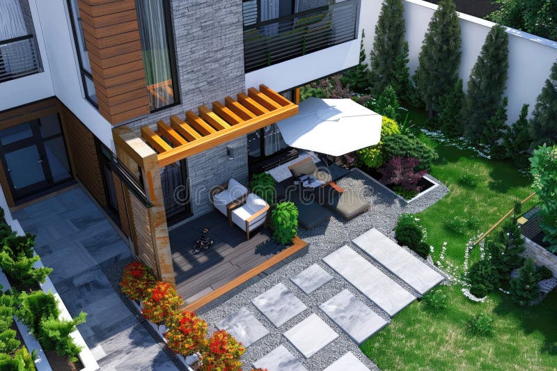 Modern House with Beauty Terrace and Garden Stock Illustration ...