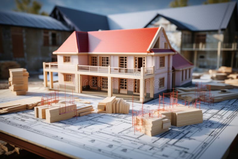 Modern House Being Built on Detailed Architectural Blueprints for ...