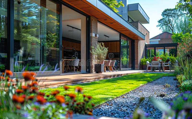 Modern House with Big Garden View from the Garden Stock Photo - Image ...
