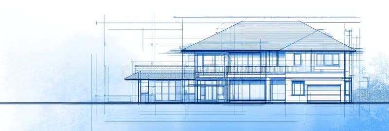 Modern House Blueprint, Architectural Design on Blue Gradient ...