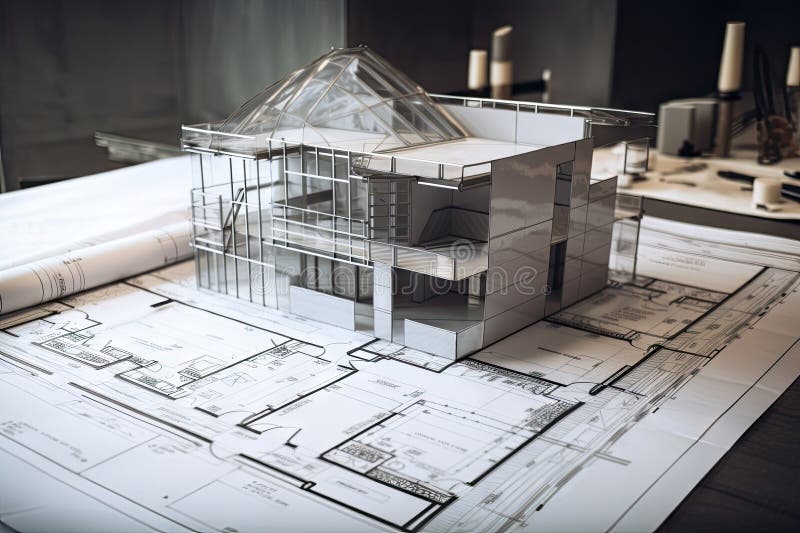 Modern House with Blueprints and Plans on the Wall Stock Illustration ...