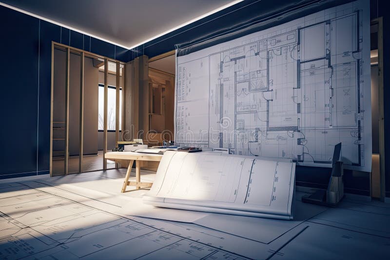 Modern House with Blueprints and Plans on the Wall Stock Illustration ...