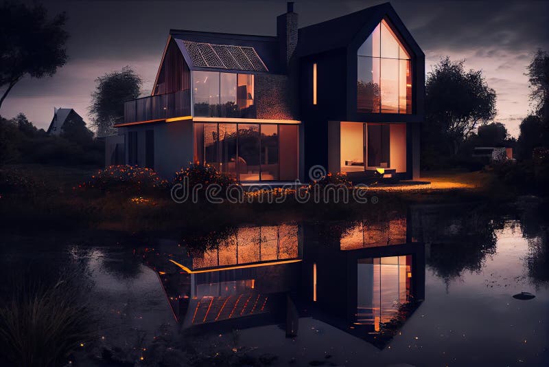 Modern House, with Blurred Lights and Reflections, in the Evening Stock ...