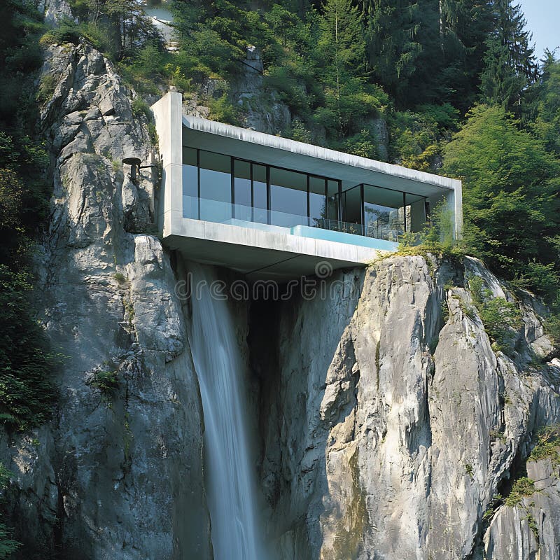 Modern House Built into Cliffside with Waterfall Stock Illustration ...