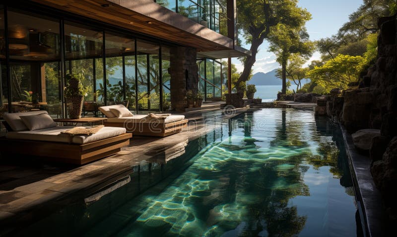 Modern House with Central Pool Stock Image - Image of integrated ...