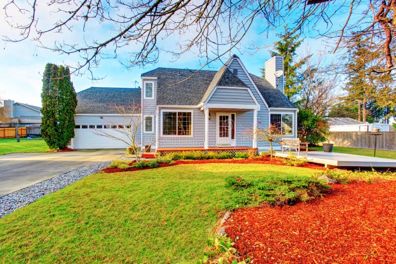 Modern House with Concrete Walkway, Garage and Terrace. Stock Photo ...