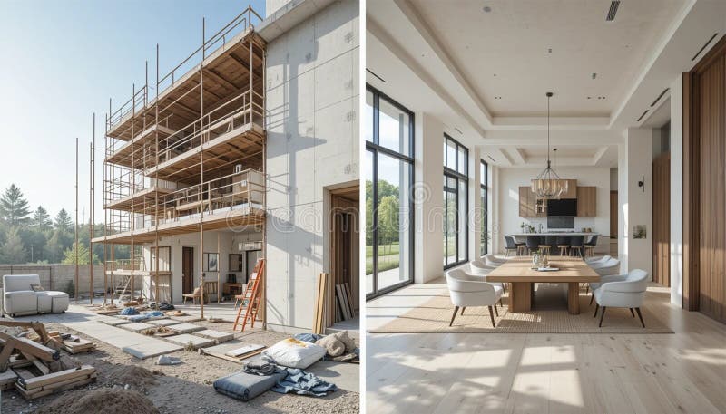 Modern House Construction and Interior Design before and after Stock ...