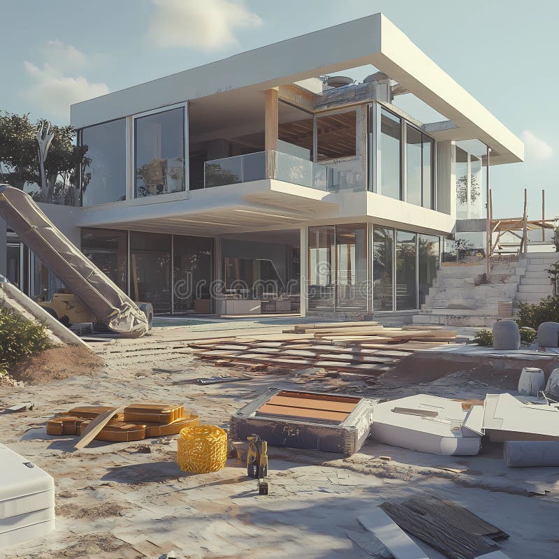 Modern House Construction Site with Materials Scattered Around in ...