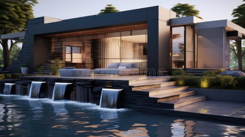 Modern House Cottage, Minimalistic Design Exterior. Waterfall Stock ...