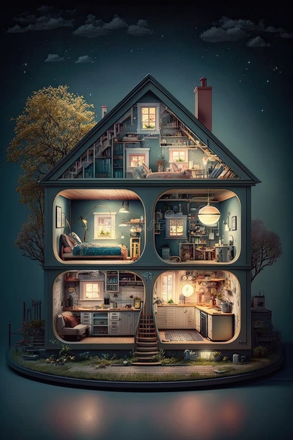 Modern House Cross Section, Night. AI Generated Stock Illustration ...