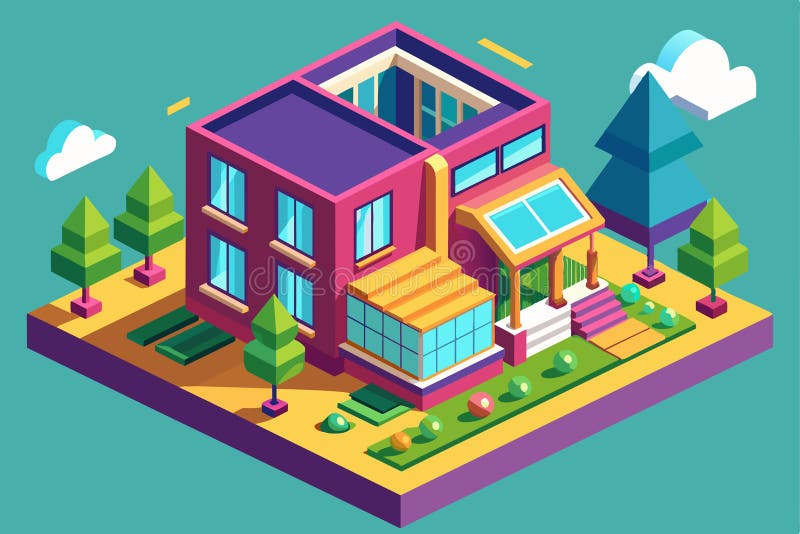 Modern House with a Cube Architectural Concept Drawn in Isometric Style ...