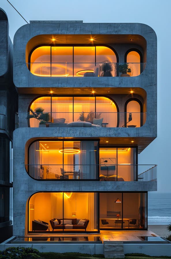 A Modern House with Curved Windows and Balconies Stock Photo - Image of ...