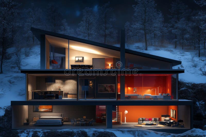 Modern House with a Cutaway View Showing the Interior at Night ...