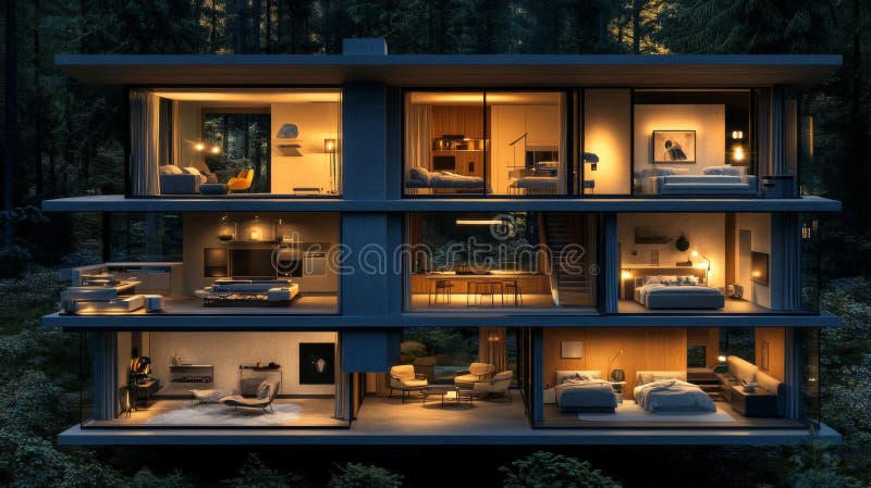 Modern House with a Cutaway View Showing the Interior at Night ...