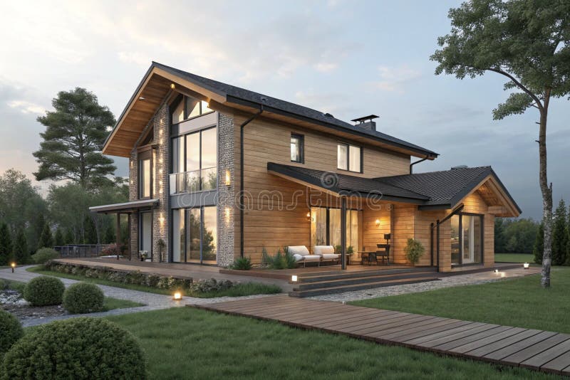 Modern House 3d Render Wood Model - Generated by Ai Stock Illustration ...