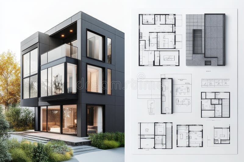 Modern House Design with Architectural Plans Stock Illustration ...