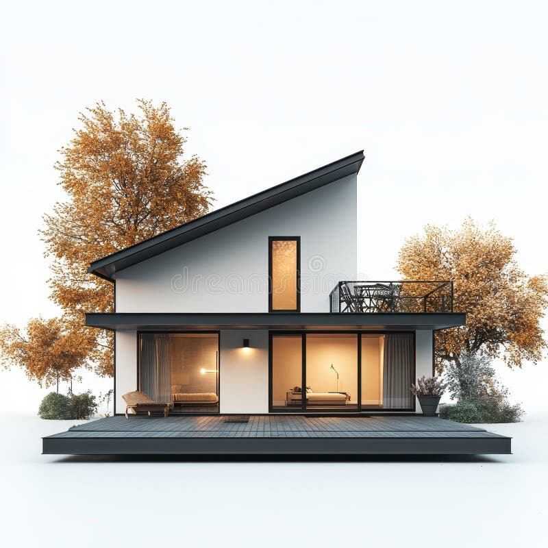 Modern House Design Autumn Setting Illuminated Interior Inviting Deck ...