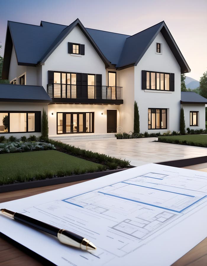 Modern House Design with Blueprint. Stock Illustration - Illustration ...